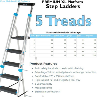 1m XL Platform Step Ladder with Anti-Slip Treads and Tool Tray - 5 ...