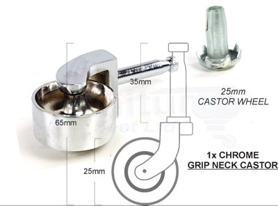 1x CHROME CASTOR & SOCKET 32mm PUSH IN CASTORS. CHROME GRIP NECK CASTORS FURNITURE BEDS SOFAS ...