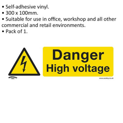 1x High Voltage Safety Sign - Self Adhesive 300mm x 100mm Vinyl Sticker ...