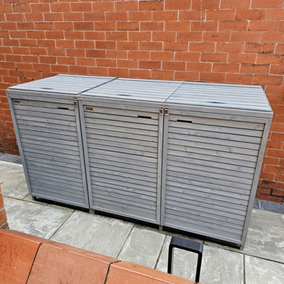 2.03m x 1.14m Large Grey Wooden Outdoor Garden Triple Wheelie Bin Store ...