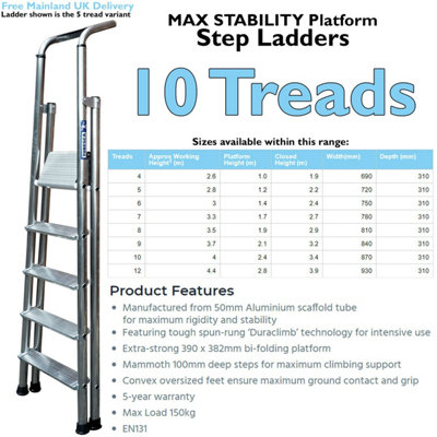 2.4m MAX STABILITY Platform Step Ladders 10 Tread Anti Slip Aluminium ...