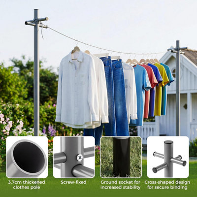 2.4m Washing Line Post Extendable Clothes Drying Pole with Ground ...