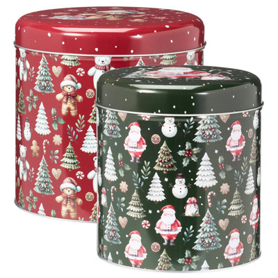 2 Christmas Storage Tins Round Nesting Santa Storage Festive Stackable ...