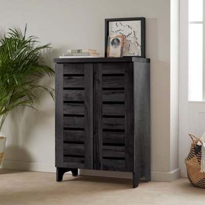 2 Door Black Oak Effect Slatted Shoe Storage Cabinet Unit