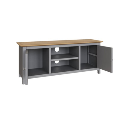 2 Door Solid Oak Ready Assembled TV Unit Grey