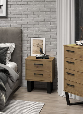 2 drawer bedside cabinet, Antique wax with black metal skid legs, Texas ...