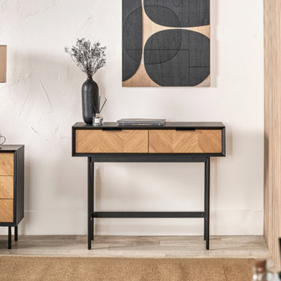 2 Drawer Black and Natural Chevron Oak and Pine Wood Console Table