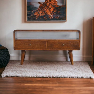 2 Drawer Curved Media Unit - Mango Wood - L35 x W90 x H47 cm - Chestnut ...