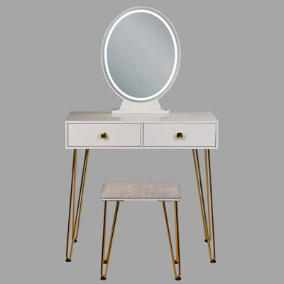 2 Drawers Dressing Table with LED Mirror and Stool White and Gold CAEN