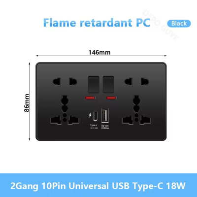 2 Gang 10A USB C Smart Fast Charging Socket 18W Black