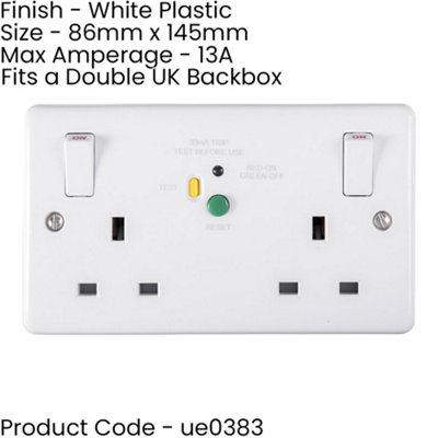 2 Gang Double 13A Swithed UK Plug Socket - 30mA Passive RCD WHITE ...