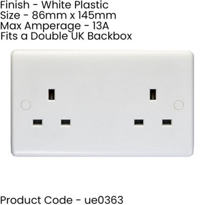 2 Gang Double 13A Unswitched UK Plug Socket - WHITE PLASTIC Wall Power ...