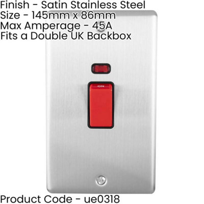 2 Gang Double 45A DP Switch & Neon - SATIN STEEL & BLACK TRIM Vertical ...