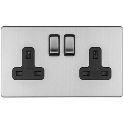 2 Gang Double DP 13A Switched UK Plug Socket SCREWLESS SATIN STEEL Wall ...