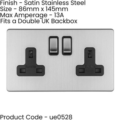 2 Gang Double DP 13A Switched UK Plug Socket SCREWLESS SATIN STEEL Wall ...