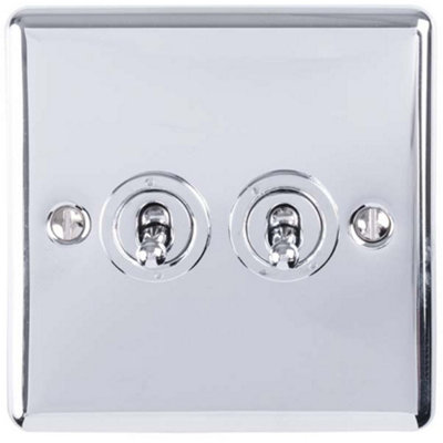 2 Gang Double Retro Toggle Light Switch POLISHED CHROME 10A 2 Way Lever ...
