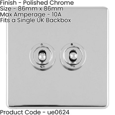 2 Gang Double Retro Toggle Light Switch SCREWLESS POLISHED CHROME 10A ...