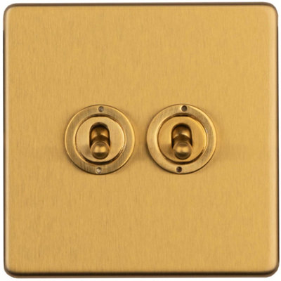 2 Gang Double Retro Toggle Light Switch SCREWLESS SATIN BRASS 10A 2 Way ...