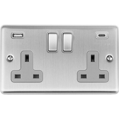 2 Gang Double UK Plug Socket & 2x 3.1A USB-C & A SATIN STEEL & GREY 13A ...