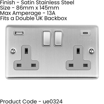 2 Gang Double UK Plug Socket & 2x 3.1A USB-C & A SATIN STEEL & GREY 13A ...