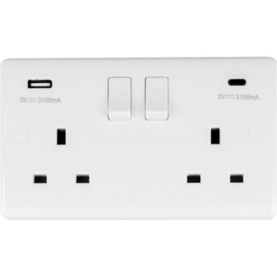 2 Gang Double UK Plug Socket & Dual 3.1A USB-C & A WHITE PLASTIC 13A ...