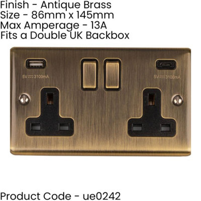 2 Gang Double UK Plug Socket & Dual 3.1A USB-C USB-A ANTIQUE BRASS 13A ...