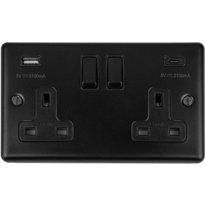 2 Gang Double UK Plug Socket & Dual 3.1A USB-C USB-A MATT BLACK 13A ...
