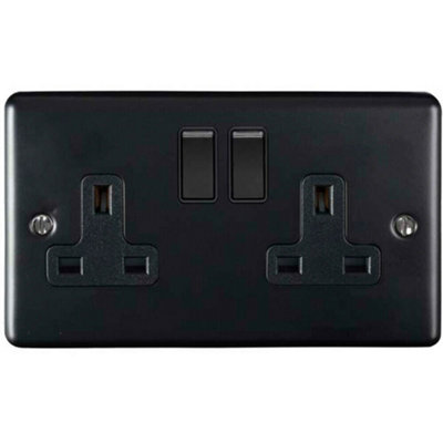 2 Gang Double UK Plug Socket MATT BLACK 13A Switched Mains Wall Power ...