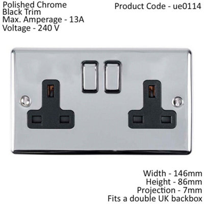 2 Gang Double UK Plug Socket POLISHED CHROME & Black 13A Switched Power ...
