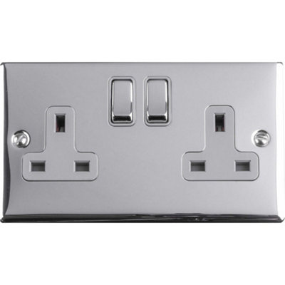 2 Gang Double UK Plug Socket POLISHED CHROME & GREY 13A Switched Power ...
