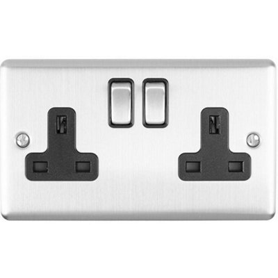 2 Gang Double UK Plug Socket SATIN STEEL 13A Switched Black Trim Power ...