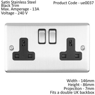 2 Gang Double UK Plug Socket SATIN STEEL 13A Switched Black Trim Power ...