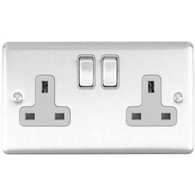 2 Gang Double UK Plug Socket SATIN STEEL 13A Switched Grey Trim Power ...