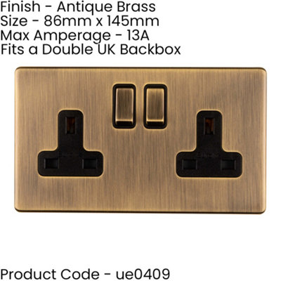 2 Gang DP 13A Switched UK Plug Socket SCREWLESS ANTIQUE BRASS Wall ...
