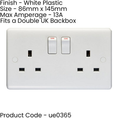 2 Gang Single Pole 13A Switched UK Plug Socket - WHITE PLASTIC Wall ...