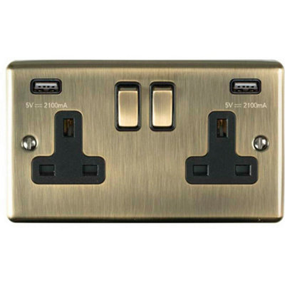 2 Gang Single UK Plug Socket & Dual 2.1A USB ANTIQUE BRASS & Black 13A ...