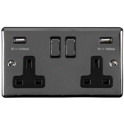 2 GANG SINGLE UK PLUG SOCKET & DUAL 2.1A USB BLACK NICKEL & BLACK 13A ...