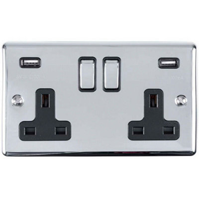 2 Gang Single UK Plug Socket & Dual 2.1A USB CHROME & Black 13A ...