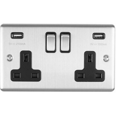 2 GANG SINGLE UK PLUG SOCKET & DUAL 2.1A USB SATIN STEEL & BLACK 13A ...