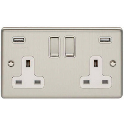 2 Gang Single UK Plug Socket & Dual 2.1A USB SATIN STEEL & White 13A ...