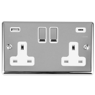 2 Gang Switched Socket with 2x USB: (1x Type A & 1x Type C) Polished ...