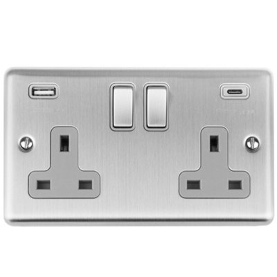 2 Gang Switched Socket with 2x USB: (1x Type A & 1x Type C) Satin ...