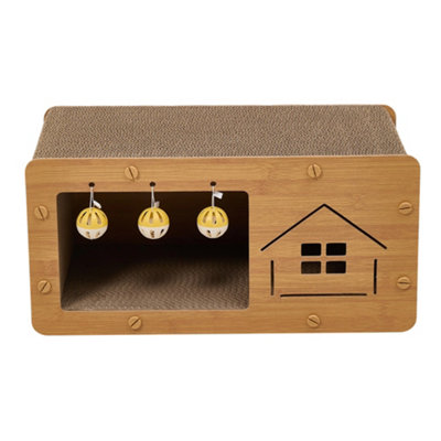 2-in-1 Cat Scratching House with Bell Toys,60cm(W) x 30cm(D) x 30cm(H)