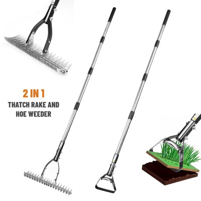 2 in 1 Garden Long Handle Thatch Rake/Oscillating Stirrup Hoe Weeder ...
