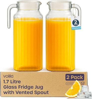 2 Pack 1.7L Glass Fridge Jugs with Handles - Clear Ribbed Pitchers with Vented Lids for Juice ...