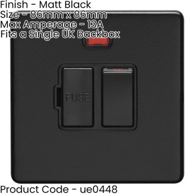 2 PACK 1 Gang 13A Switched Fuse Spur & Neon SCREWLESS MATT BLACK Mains ...