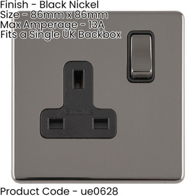 2 PACK 1 Gang DP 13A Switched UK Plug Socket SCREWLESS BLACK NICKEL ...