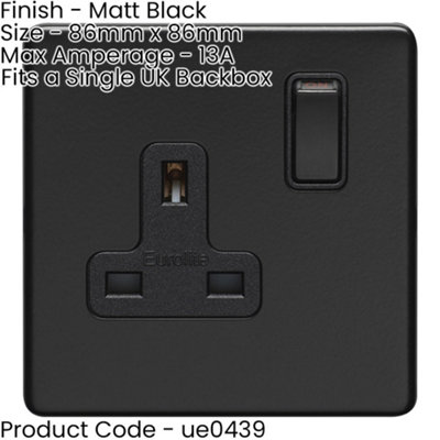 2 PACK 1 Gang DP 13A Switched UK Plug Socket SCREWLESS MATT BLACK Wall ...