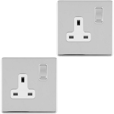 2 PACK 1 Gang DP 13A Switched UK Plug Socket SCREWLESS POLISHED CHROME ...