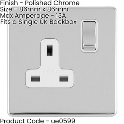 2 PACK 1 Gang DP 13A Switched UK Plug Socket SCREWLESS POLISHED CHROME ...